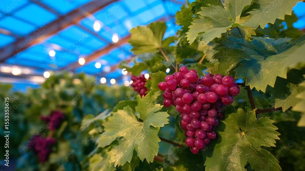 Rich green grape leaves frame deep red wine grapes growing in tight ...
