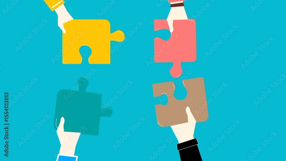 Teamwork animation with four hands holding puzzle pieces. Cooperative ...