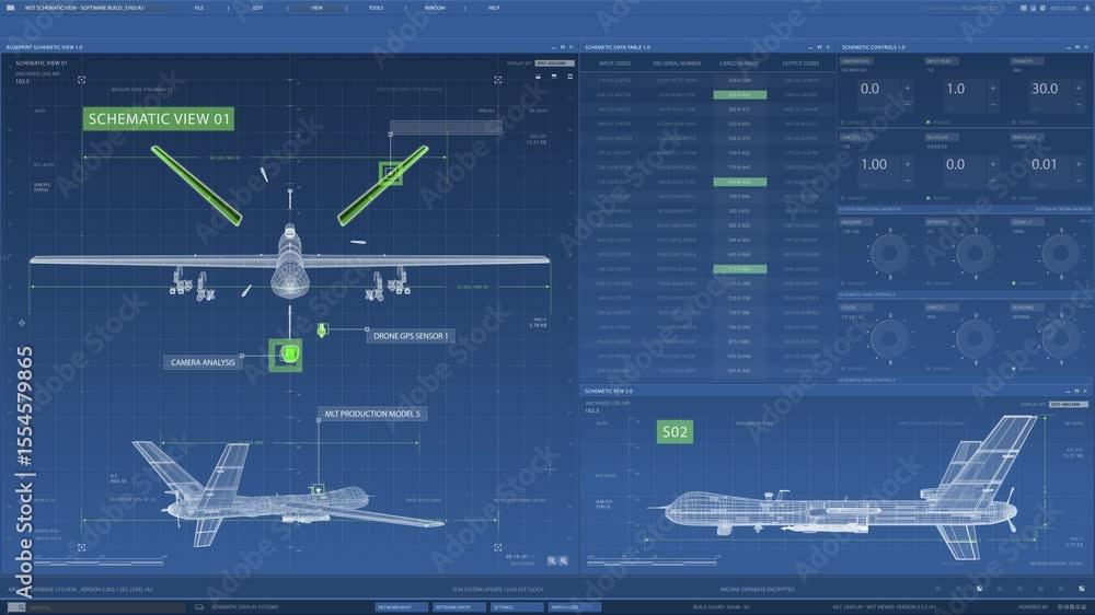 This hightech interface shows detailed schematics of an aerial vehicle ...