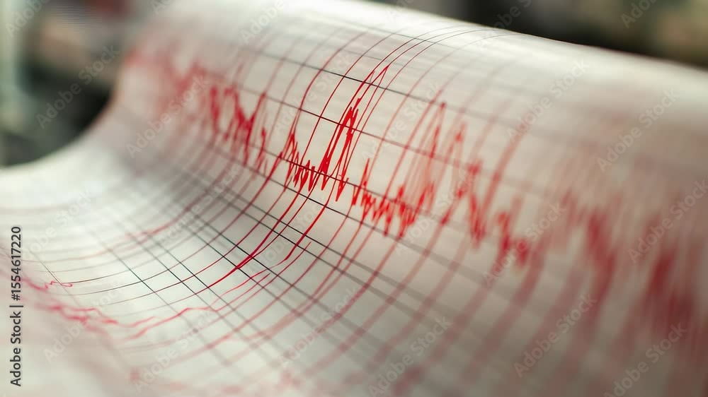 Seismograph needle tracing intense red lines across graph paper ...