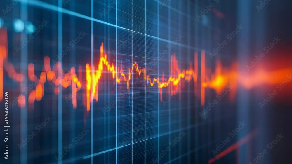 Digital gridded screen displaying dynamic orange seismic wave lines ...