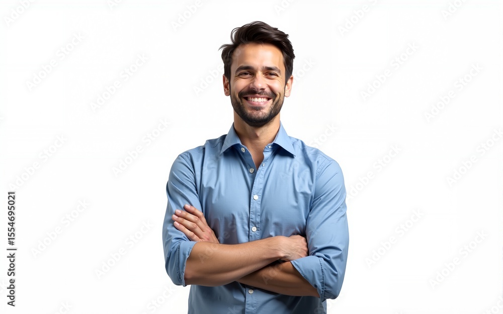 Handsome smiling business man in blue shirt standing with crossed arms ...