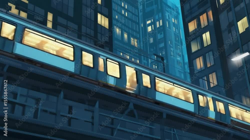 city metro train passing between high rise buildings at night with ...