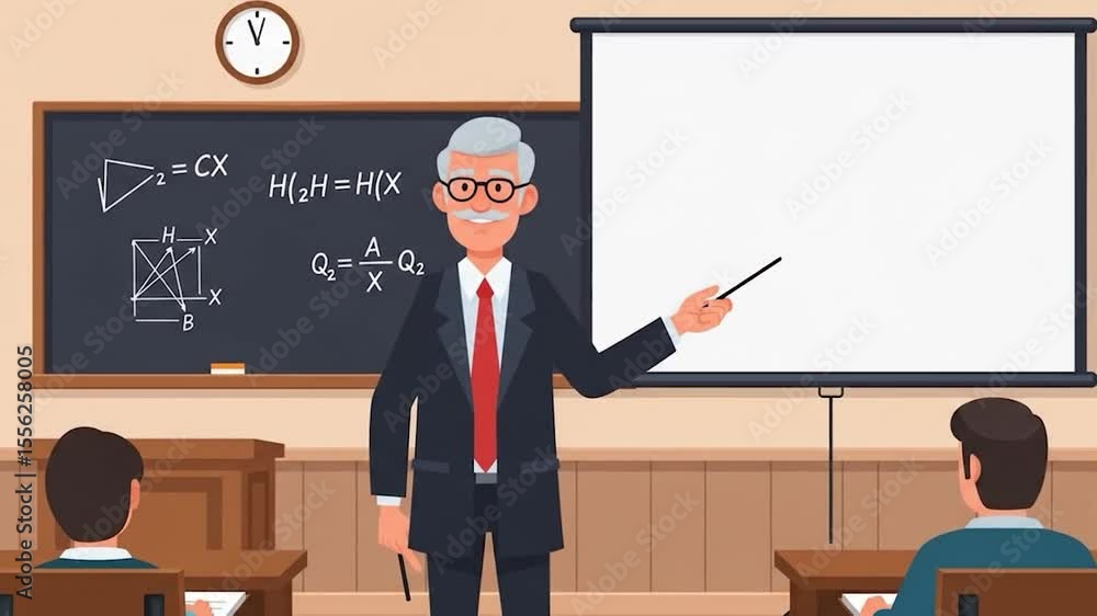 Animated professor lecturing with pointer in classroom with students ...