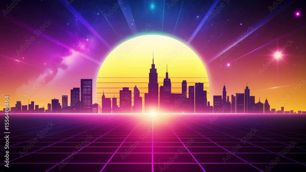 Stylized vintage animation background with a city skyline and a large ...