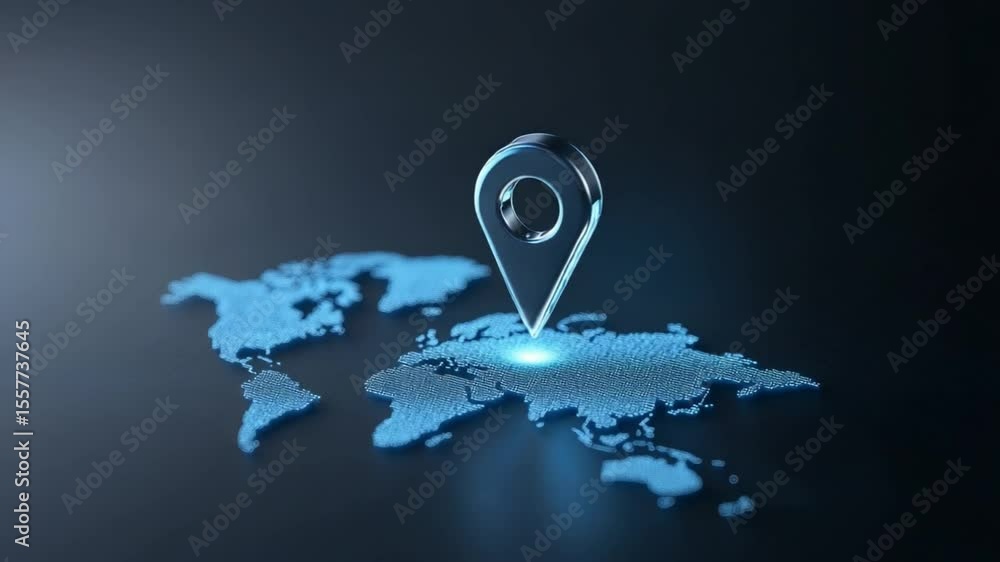 World Map Location Icon: Shiny chrome location marker on blue map ...