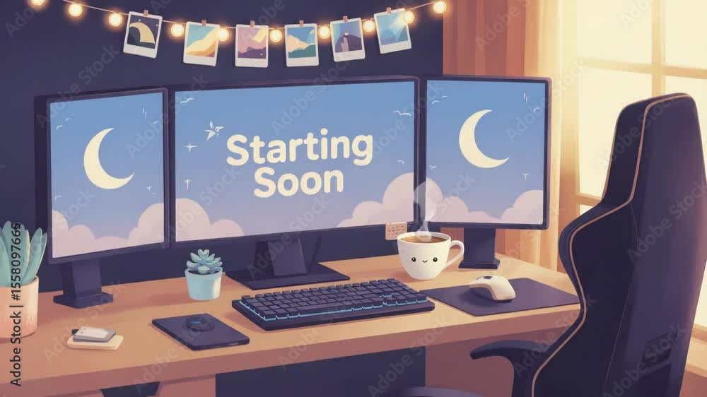 Streamer's Animated Desk Setup with "Starting Soon" Screen. Stream ...