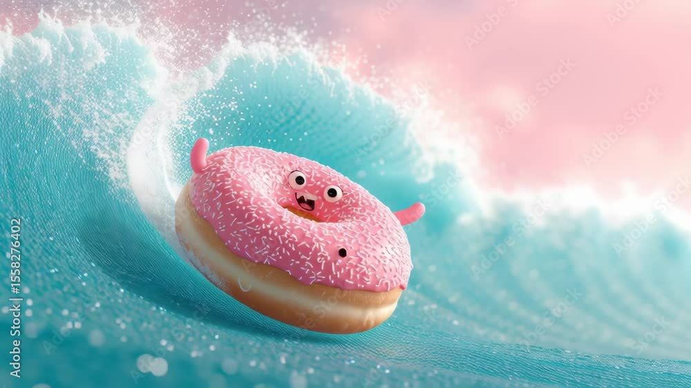 Cute pink donut character riding a vibrant wave, surrounded by splashes ...