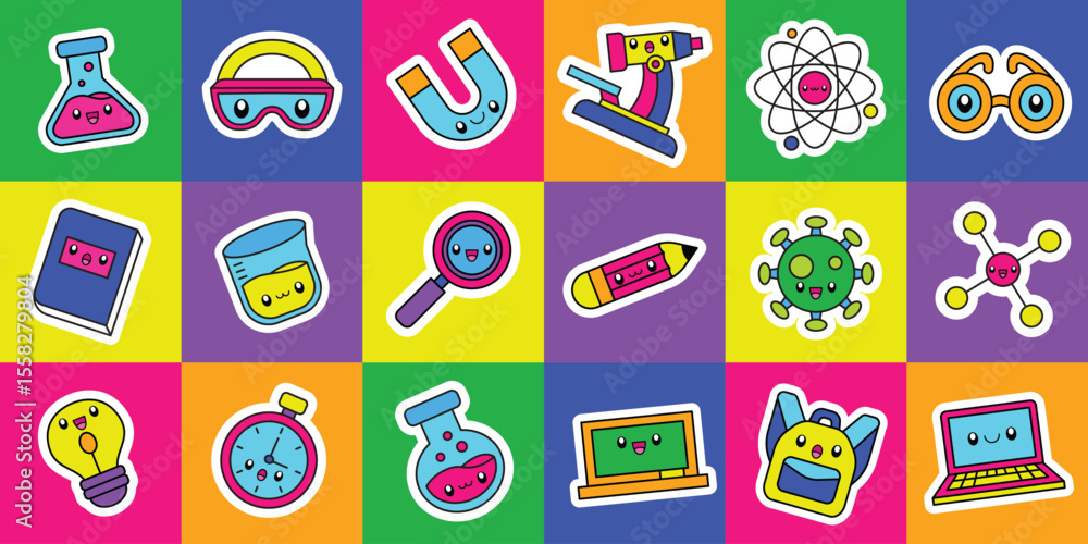 Poster Set of cute kawaii science element sticker vector illustration ...