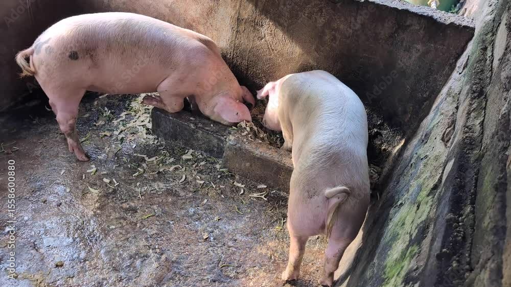 Two pink Balinese pigs feeding from food trough on farm in Bali ...