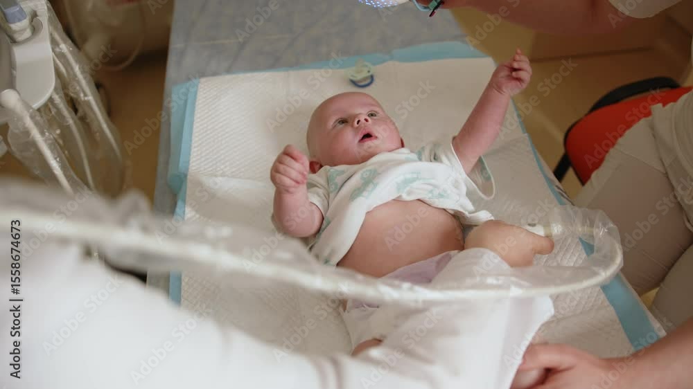 A baby undergoing an ultrasound examination in a medical setting. The ...