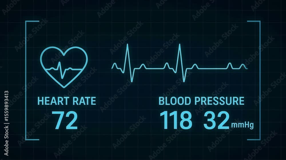 Looping animation of a digital HUD interface displaying real-time heart ...