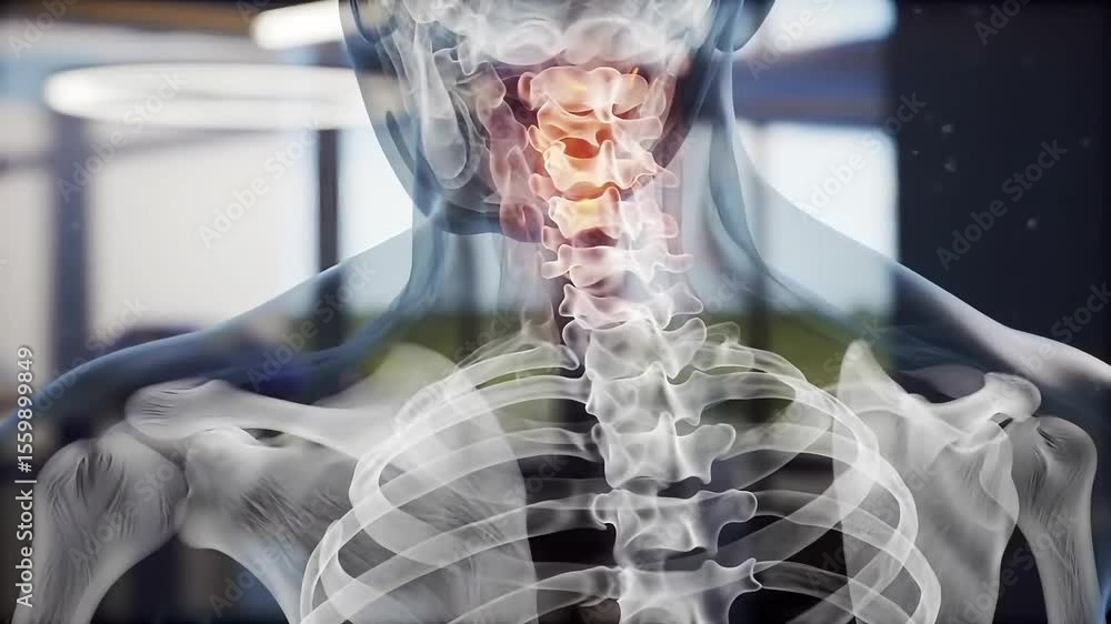 Anatomical rendering of human torso featuring skeletal structure and ...