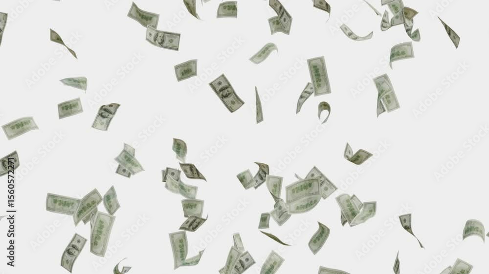 money rain animation, dollars bills falling down white screen ...
