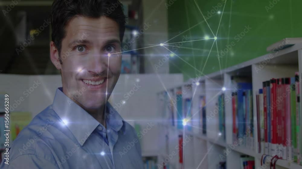 Man glancing at book spines in library and activating glowing node ...