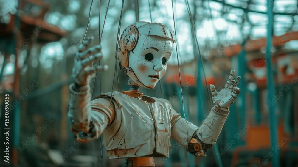 Weathered puppet robot in abandoned amusement park setting. Halloween ...