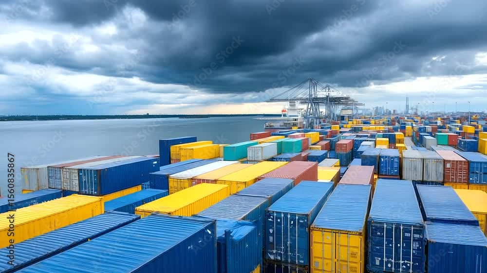 Massive industrial port with symmetrical rows of plastic-covered crates ...