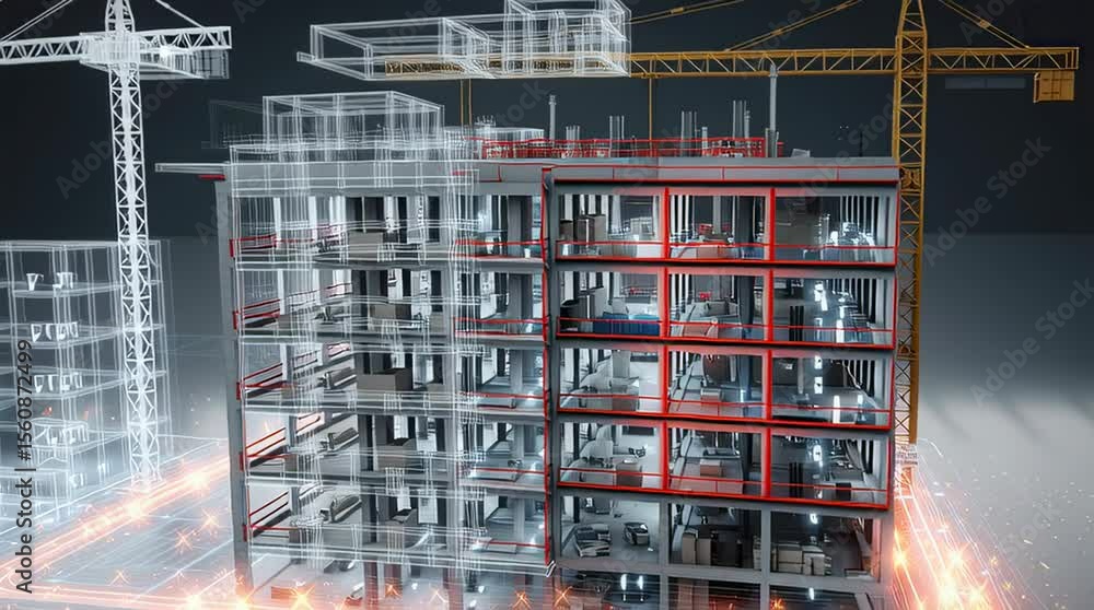 Detailed 3D model of a building under construction with wireframe ...