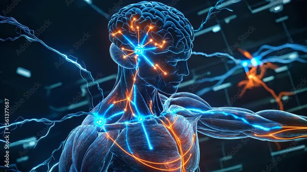 Medical UI showing brain synapses firing signals to muscles, blue and ...
