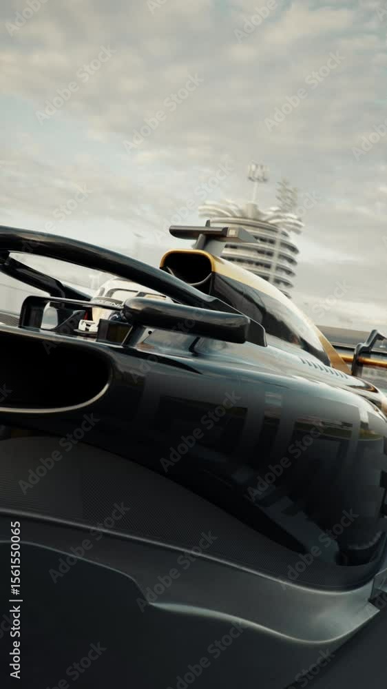 Dynamic low angle front view shot of a generic formula one race car ...