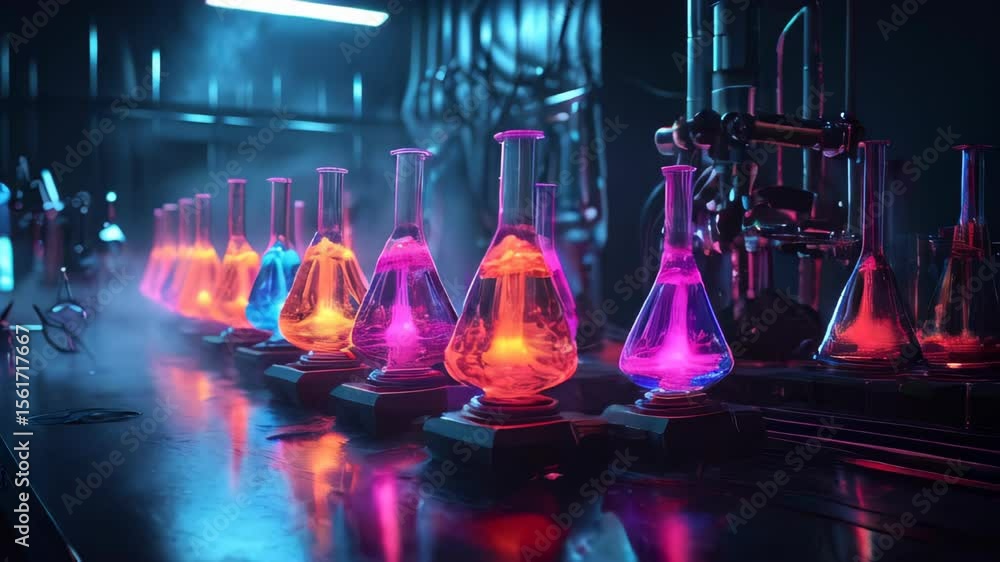 video of Neon-colored contrast flasks glow on a laboratory table ...