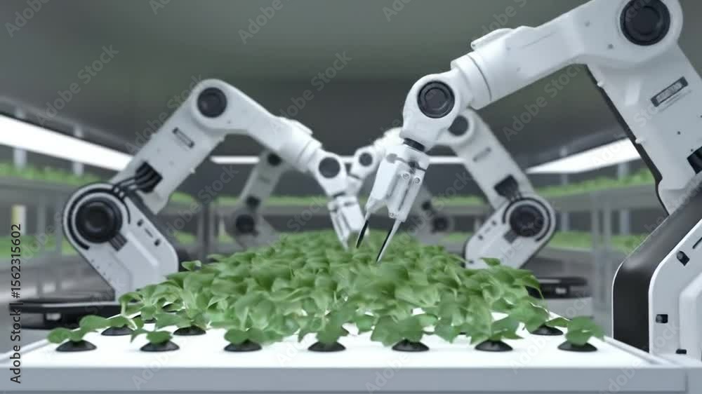 CGI animation of automated vertical farming with robotic arms tending ...
