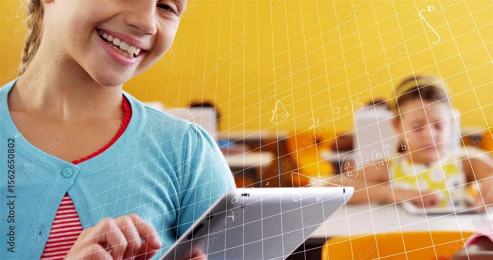 Teenage student tapping tablet, starting digital grid and math symbols ...