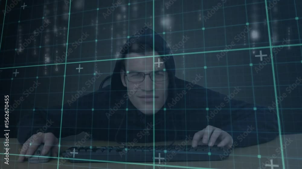 Hacker moving mouse to keyboard initiating grid and code matrix on dim ...