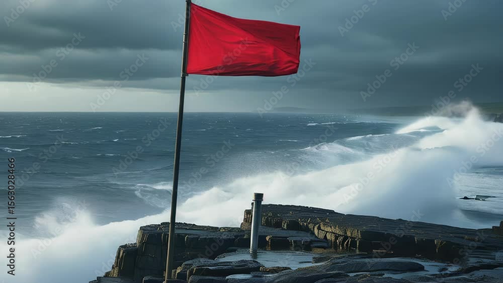 Video of a red warning flag waving on a sunny beach, alerting visitors ...