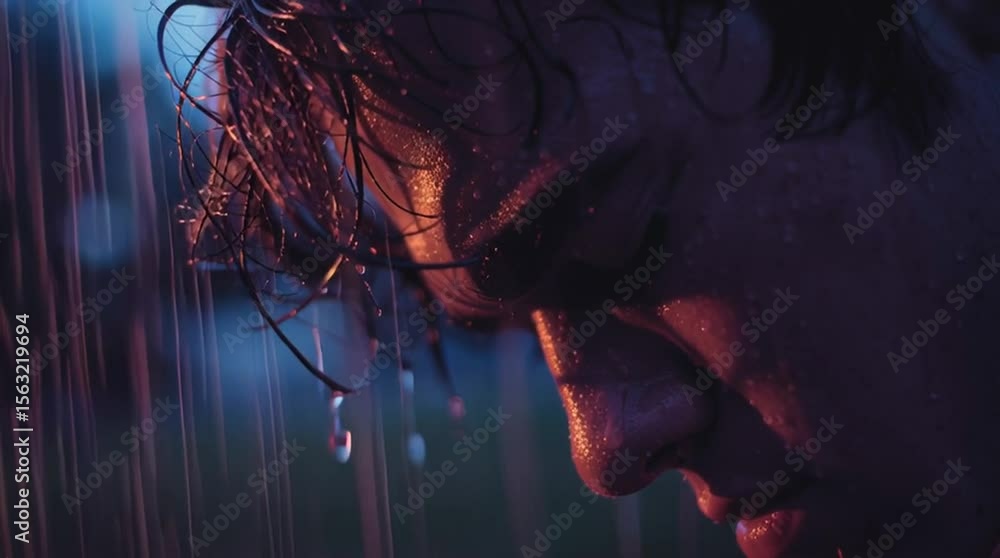 Cinematic portrait of a sad young man crying quietly in the rain at ...