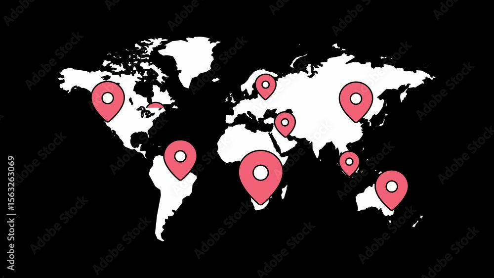 World map with countries borders and red location pointers in white map ...