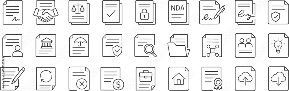 Business contract and legal agreement document line icons. Set includes ...