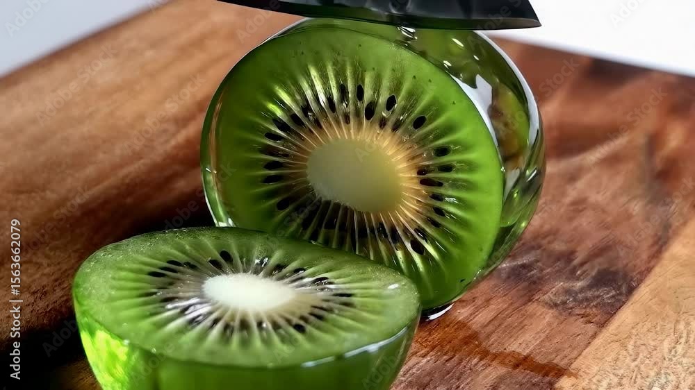 Crystal glass kiwi fruit carving concept. Jelly green berry slicing ...