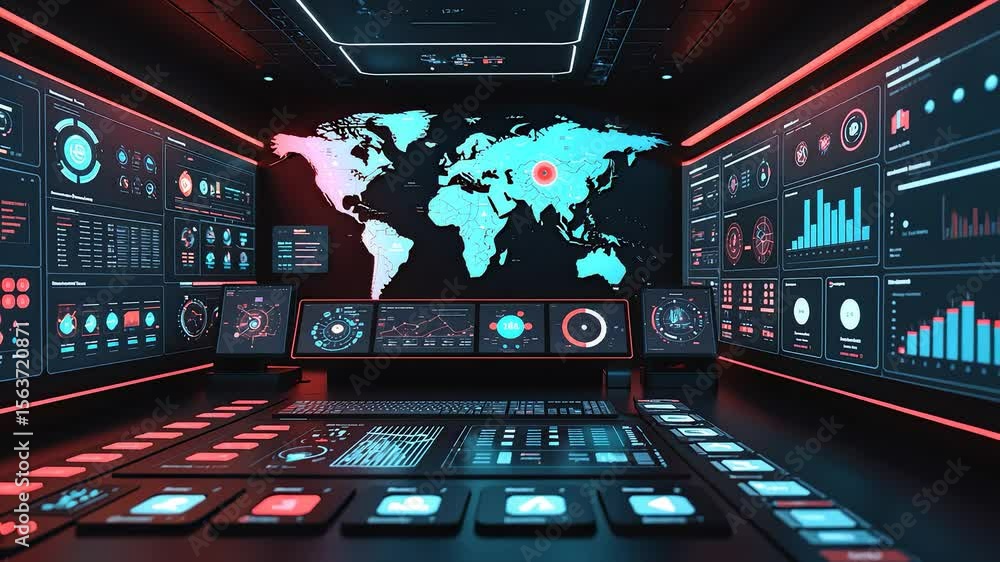 Futuristic Command Center with Glowing Data Dashboards, Global Map Interface, and Digital Graphs ...