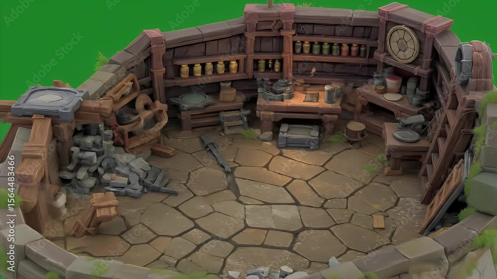 Isometric Pixel Art of a Stone Workshop Interior Isolated on Green ...