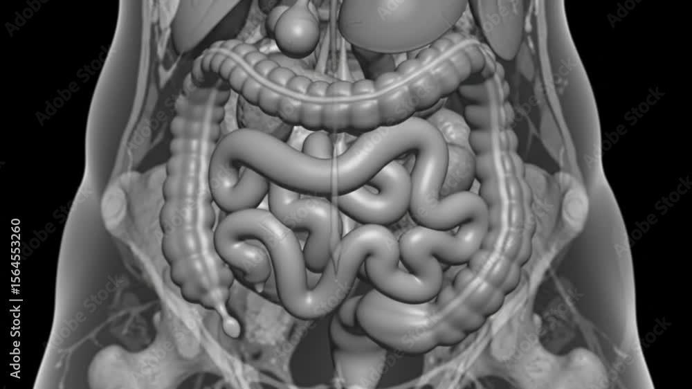 Grayscale medical illustration of human intestines showing full ...