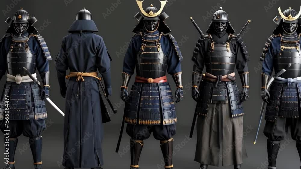 Collection of full samurai armor sets with swords and helmets displayed ...