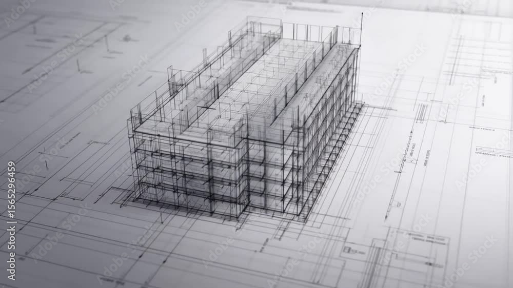 Technical 3D architectural model of a long rectangular building shown ...