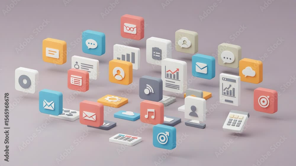 Isometric Pixel Art App Icons on Purple Background with Diverse Symbols ...
