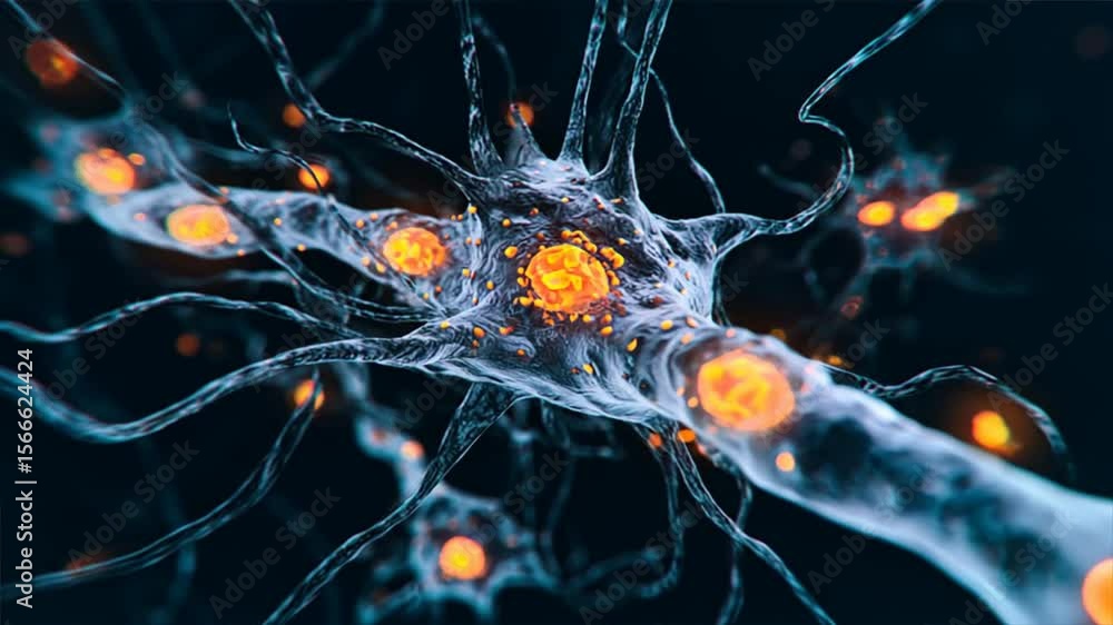 Illustration of glial cells with axons and neurons, glowing orange ...