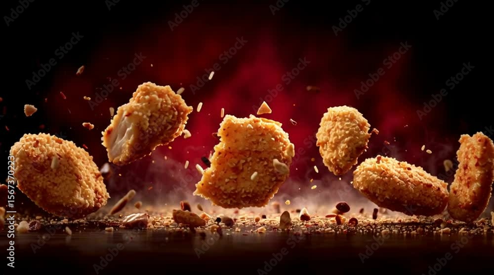 Crispy breaded chicken pieces flying mid-air, golden crust breaking ...