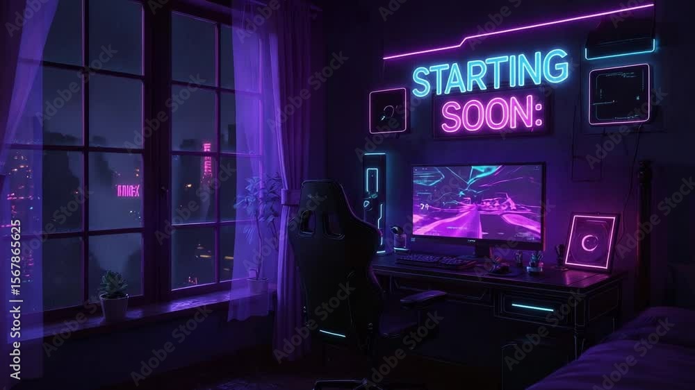 Neon Gaming Room at Night: "Starting Soon" Stream Setup. Stream ...