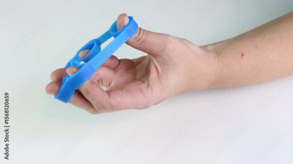 Woman doing a finger exercise to rehab after a finger injury in a daily ...
