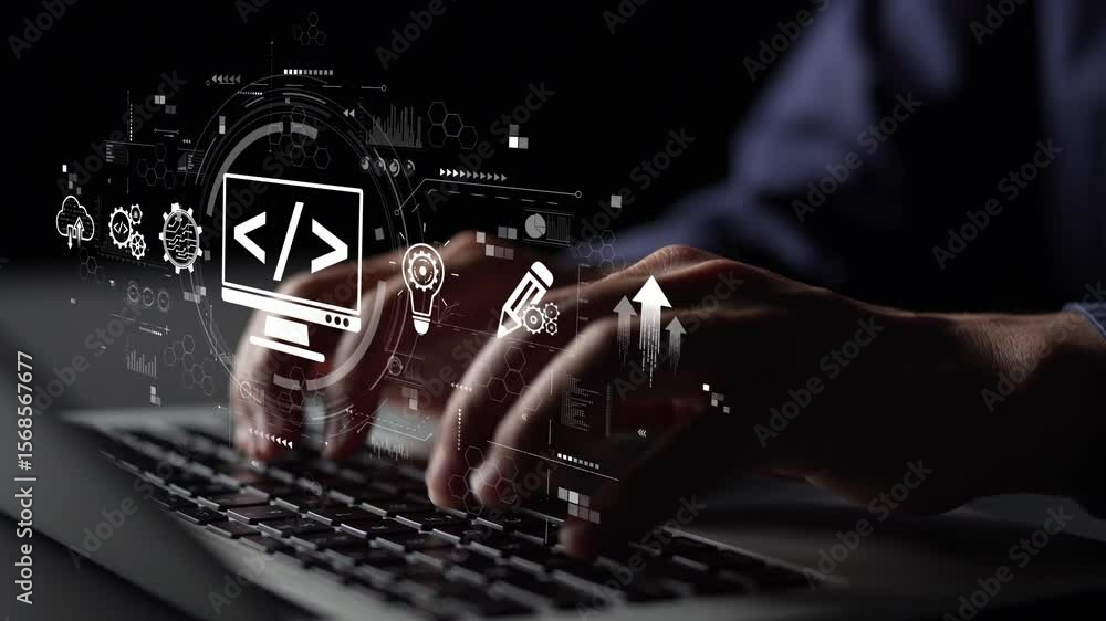 Modern web development concept featuring coding symbols, web ...