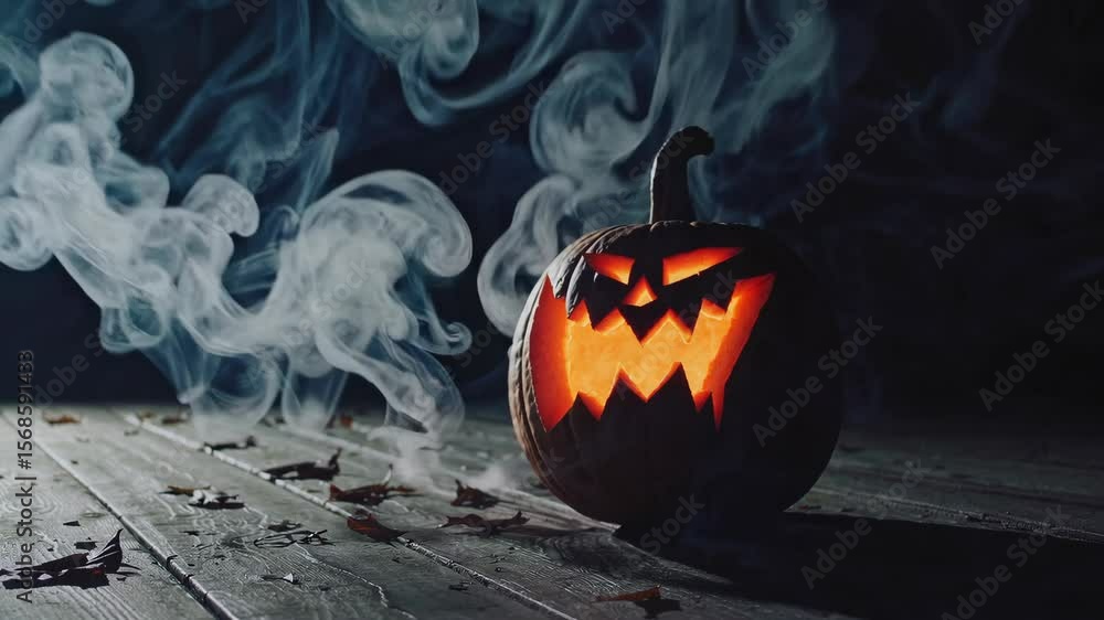 Smoke coming out of the pumpkin face inside the dark during the ...
