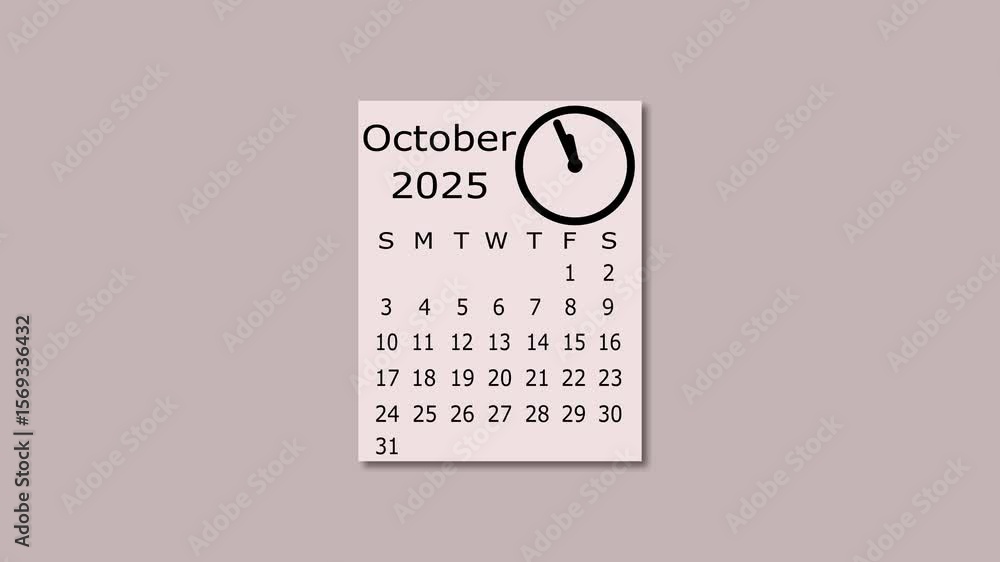 4K calendar animation October 2025 animation. clock and white ...