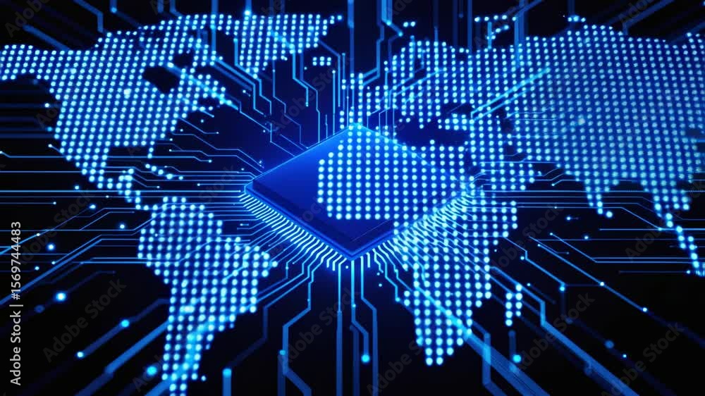Central processor chip powering a glowing digital map of the world with ...