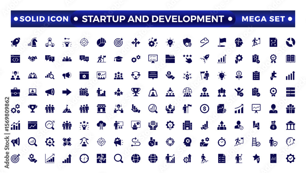 Startup and development solid icons set. Start-up symbols collection ...