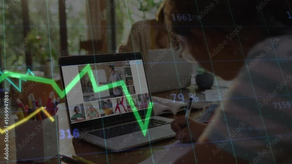 Laptop starting online lesson animating data chart shifting while child ...