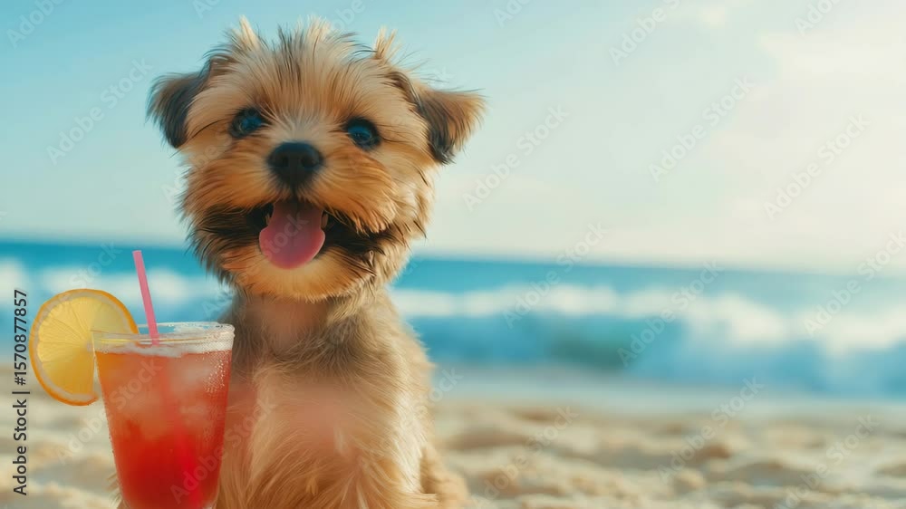 Adorable puppy relaxing on a beach with a refreshing tropical cocktail ...